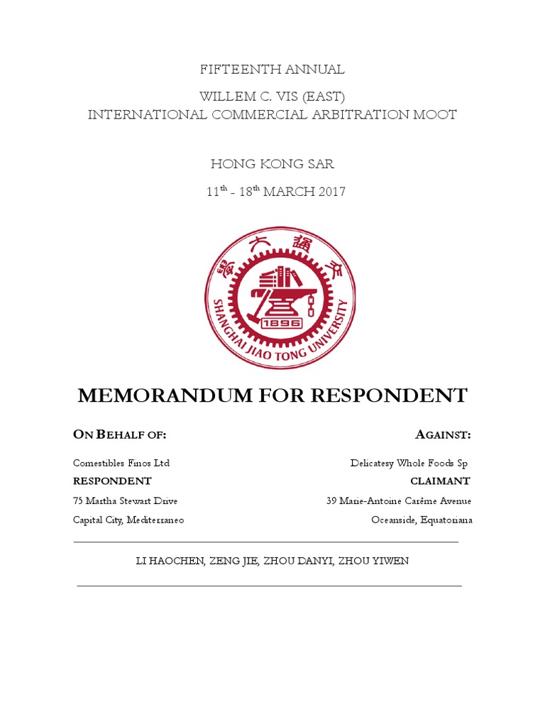 Shanghai Jiao Tong University Koguan Law Respondent Memorandum | PDF | Arbitral Tribunal ...