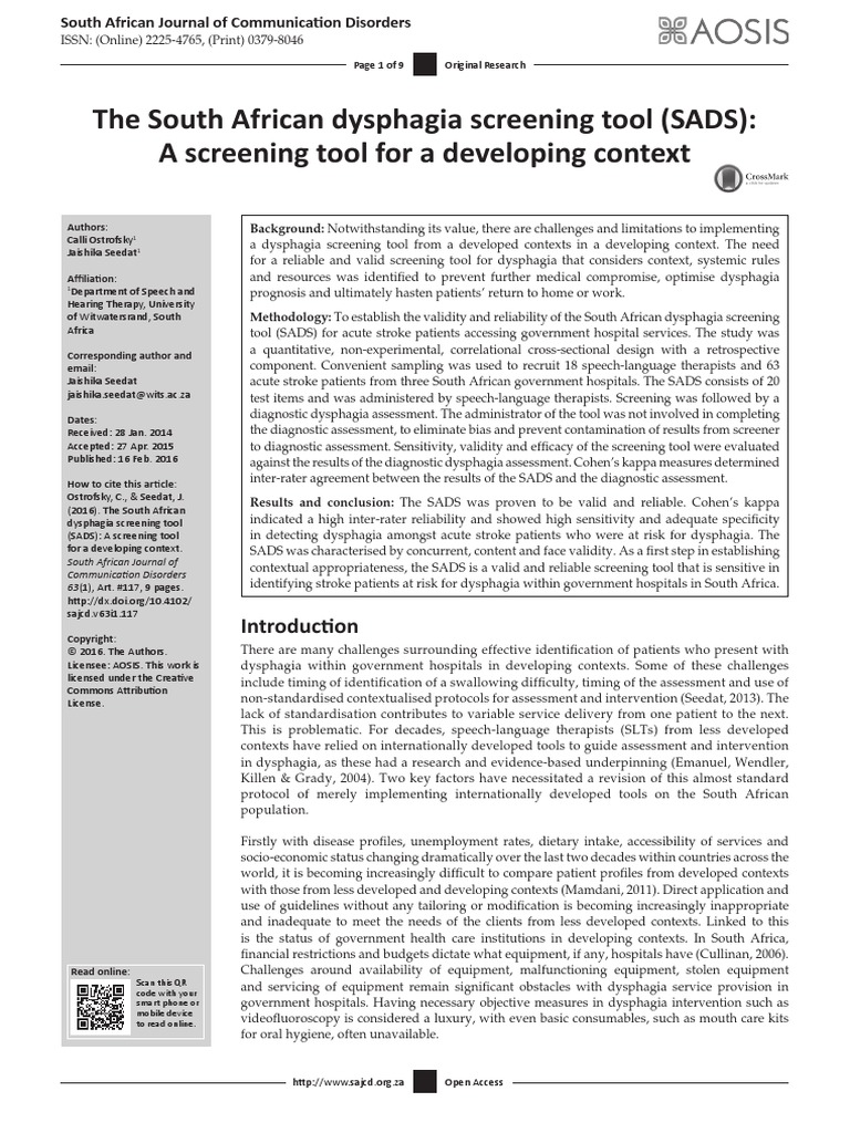 The South African Dysphagia Screening Tool (SADS) : A Screening Tool ...