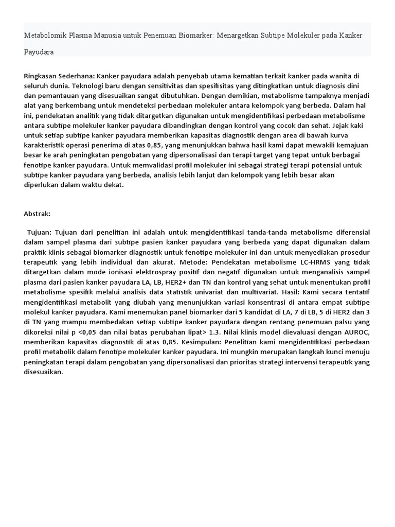 Biomarker Metabolomik untuk Kanker Payudara | PDF