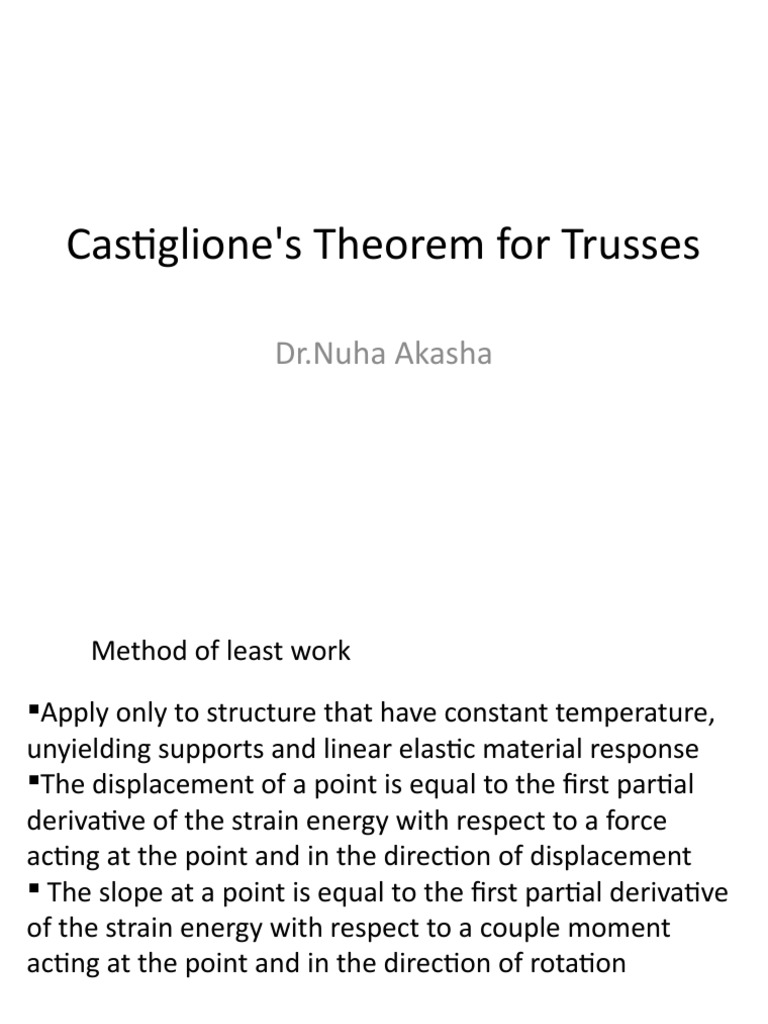 Castiglione's Theorem For Trusses: DR - Nuha Akasha | PDF | Beam (Structure) | Elasticity (Physics)