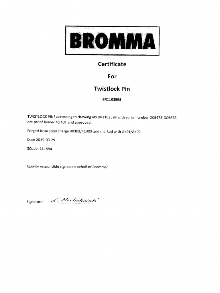 Twistlock Pin Certificate | PDF