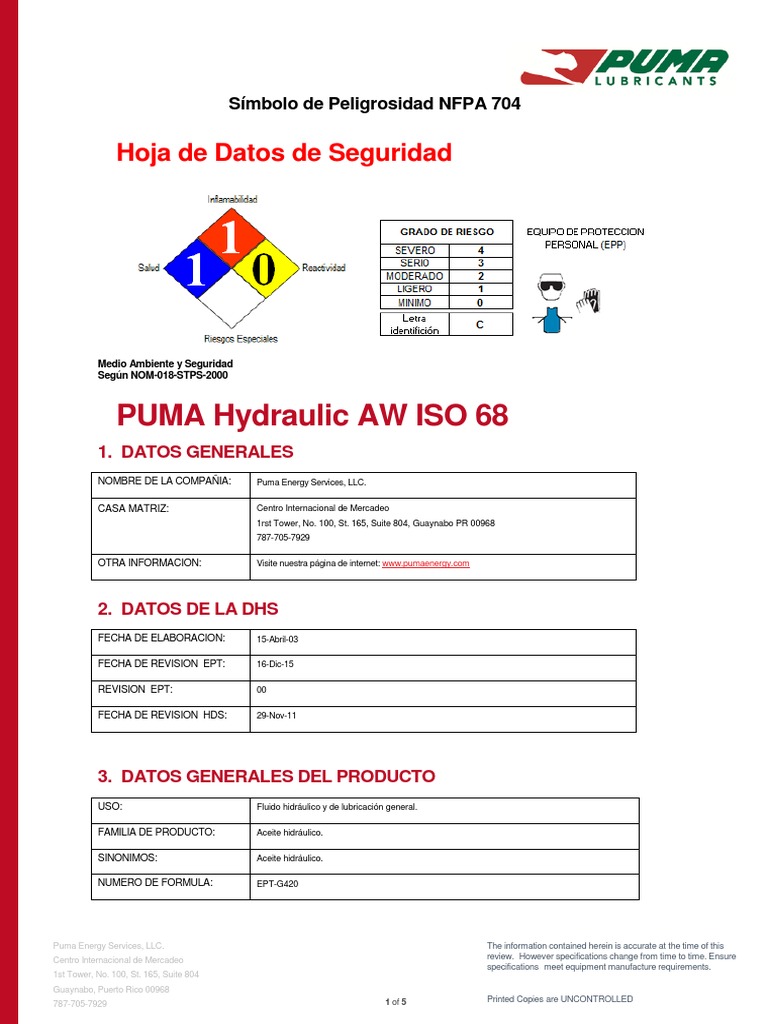 Msds Puma Iso 68 | PDF | Agua | Transporte