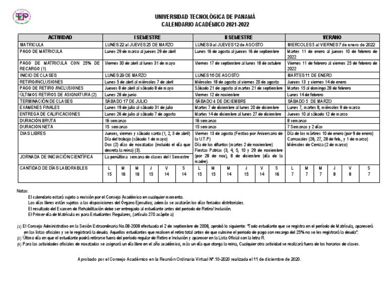 Utp Calendario Academico 2021 2022 Modificado El 11 de Diciembre de ...