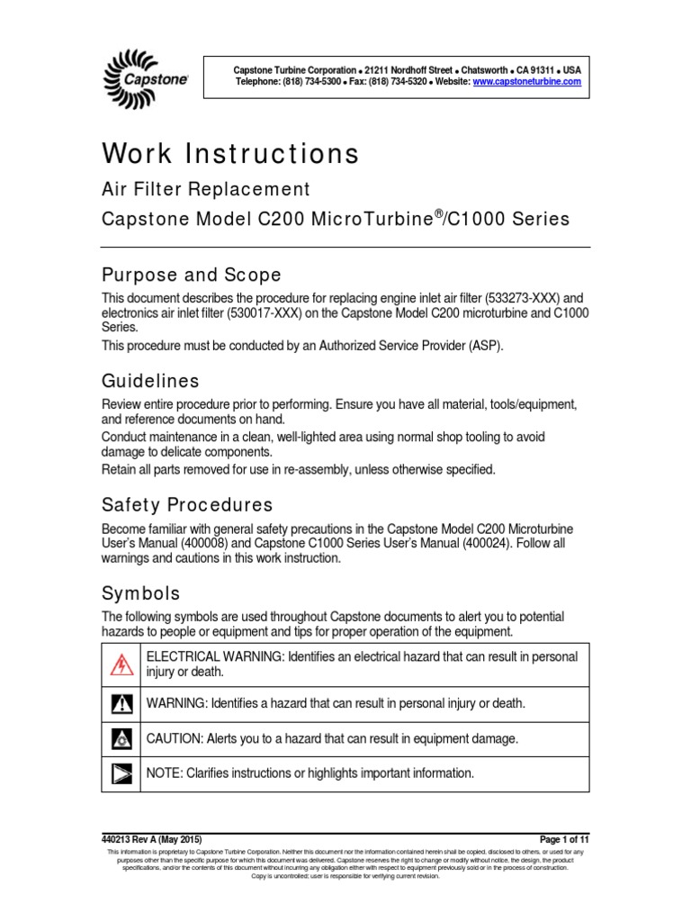 Work Instructions: Air Filter Replacement Capstone Model C200 Microturbine /C1000 Series Purpose ...