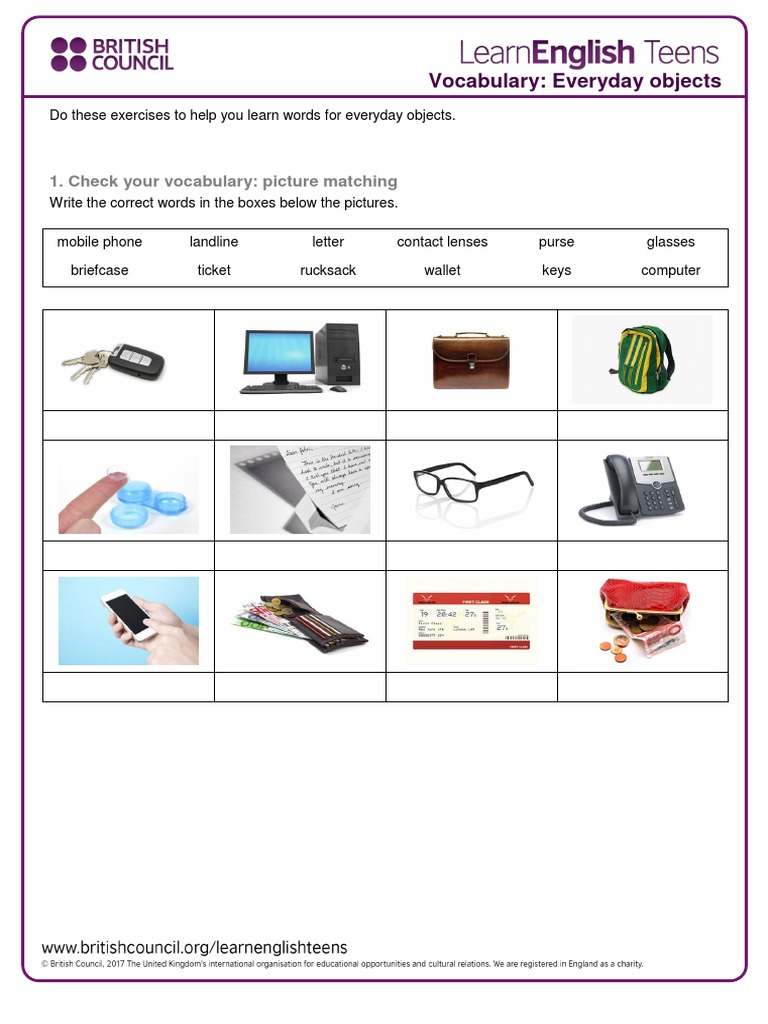 Everyday Objects Vocabulary Exercises | PDF | Games & Activities | Home ...