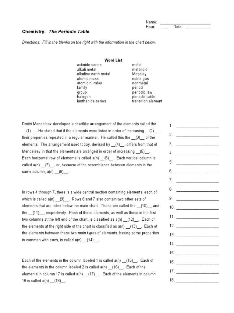 Chemistry: The Periodic Table: Directions: Fill in The Blanks On The ...