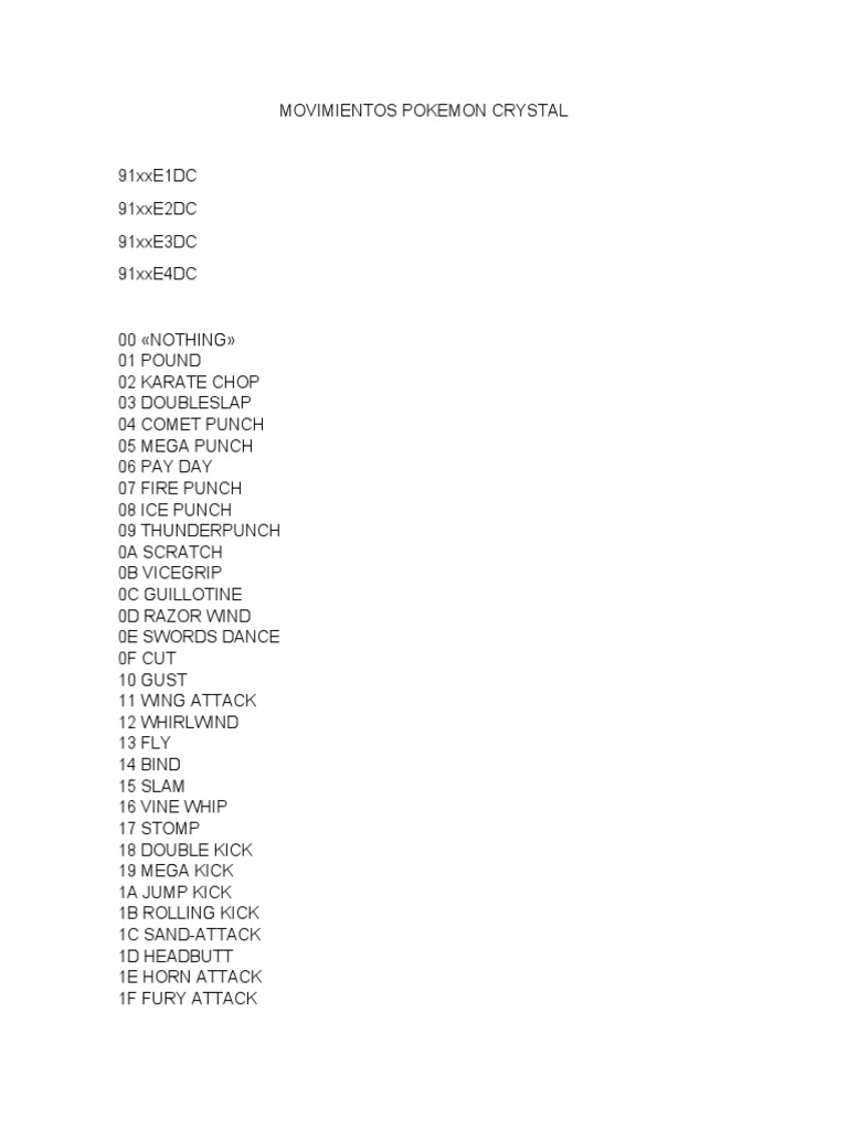 Pokémon Crystal Move List and Cheats | PDF | Nature