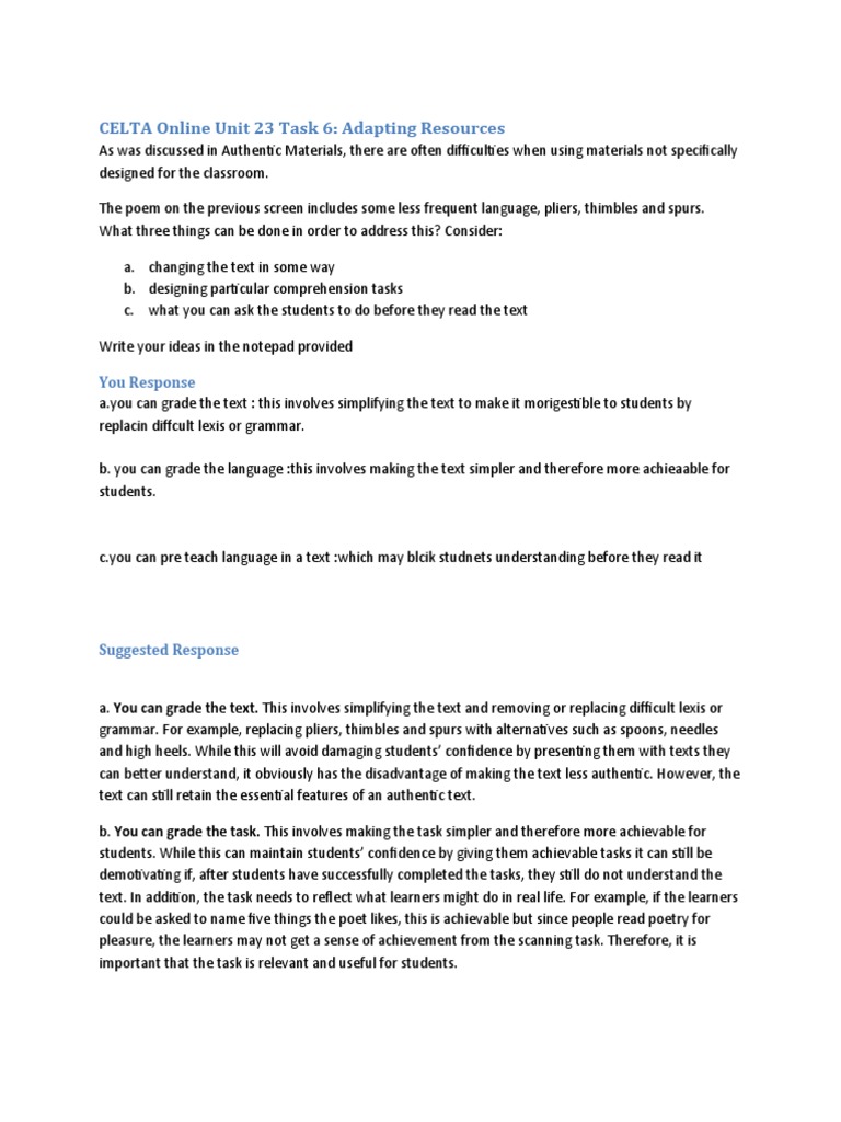 CELTA Online Unit 23 Task 6 - Adapting Resources | PDF | Reading ...