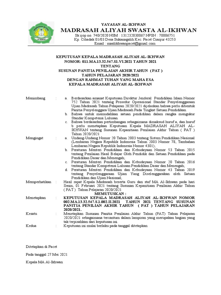 Susunan Panitia PAT MA Al-Ikhwan 2021 | PDF