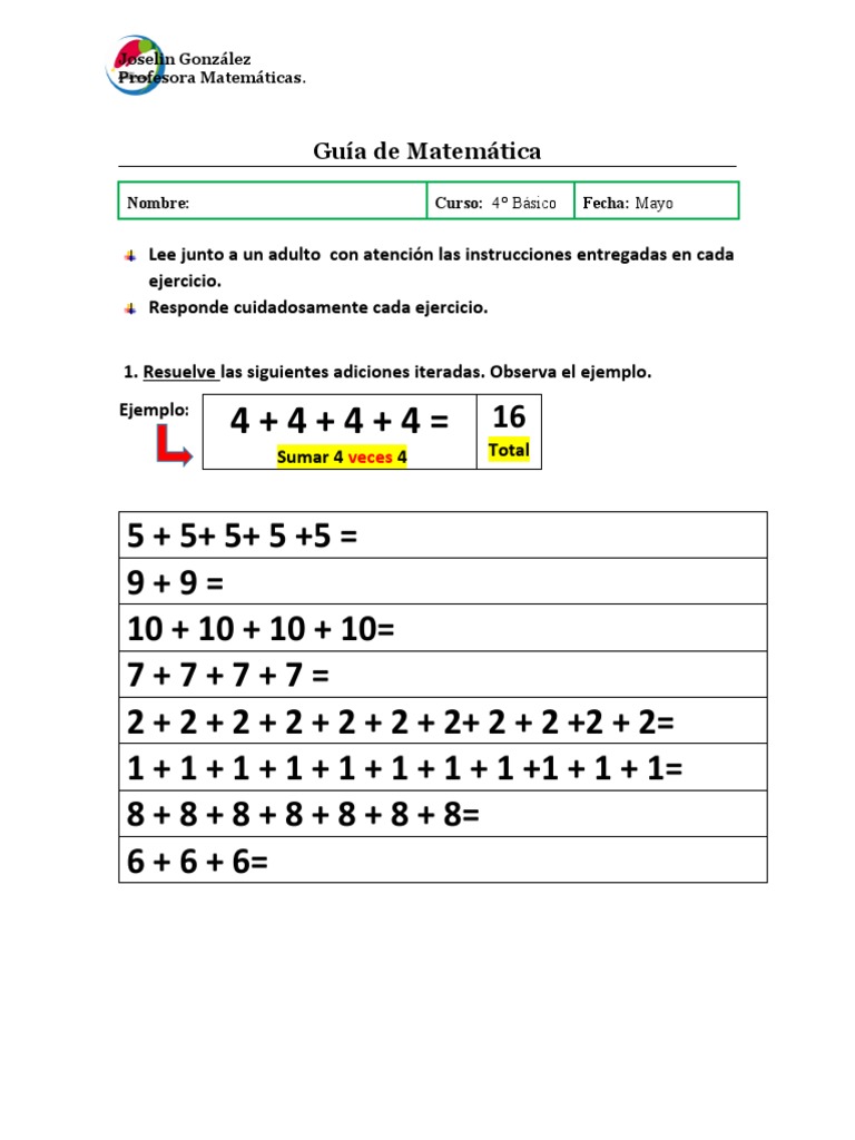 Guía de Matemática - Suma Iterada 4° Básico | PDF