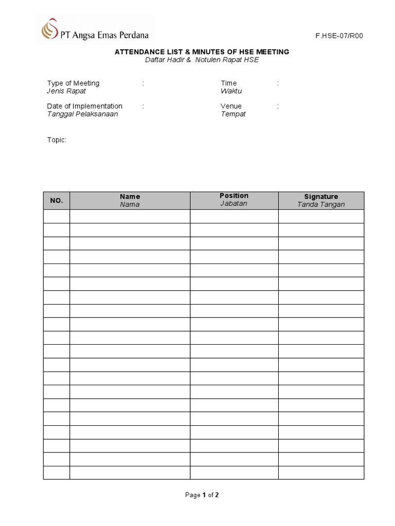 F07. Attendance List of Safety Meeting | PDF