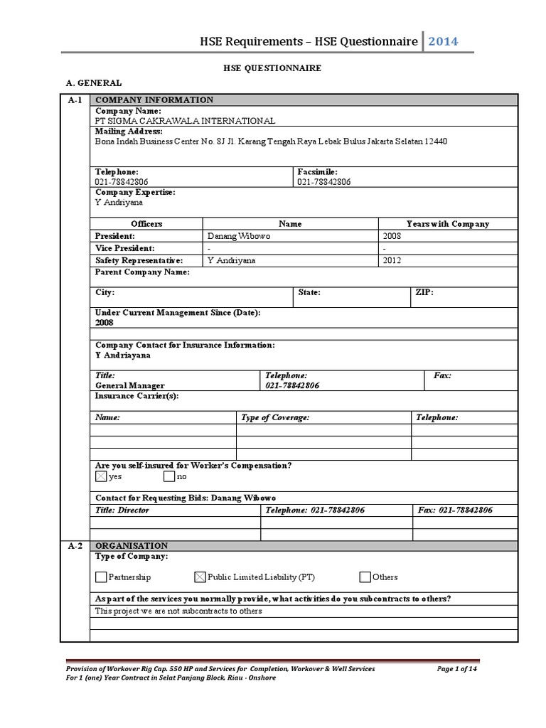 03 HSE - Questionnaire Petroselat | PDF | Workplace | Personal ...