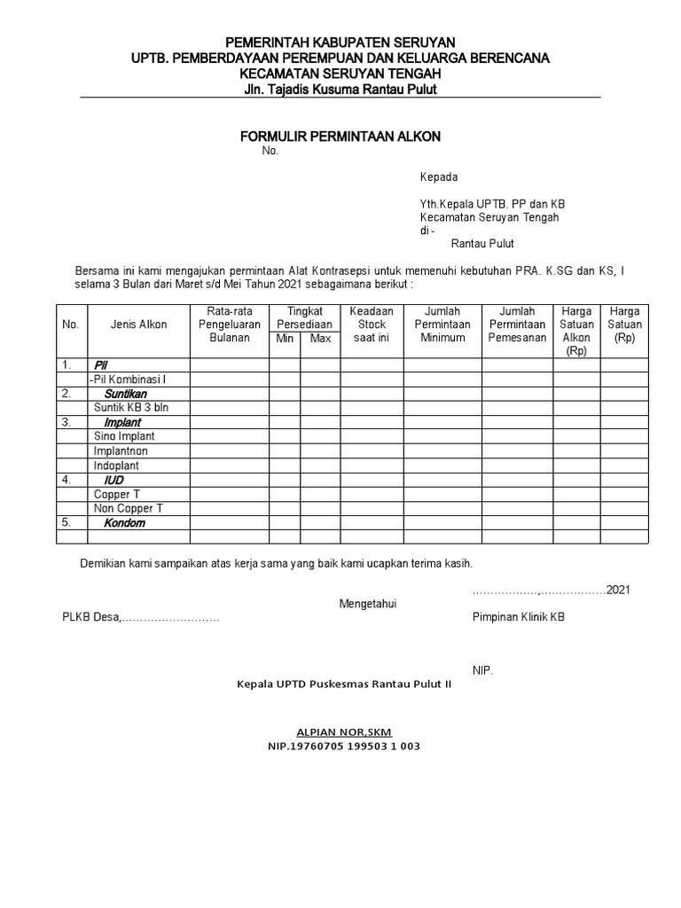 Form Permintaan Alkon KB 2021 | PDF