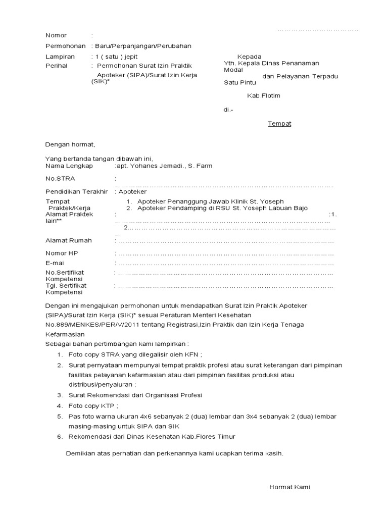 Form Surat Izin Praktik Apoteker Sipa | PDF
