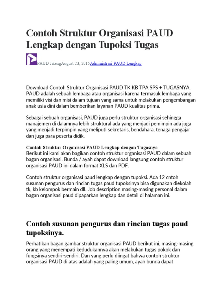 Contoh Struktur Organisasi PAUD Lengkap Dengan Tupoksi Tugas | PDF