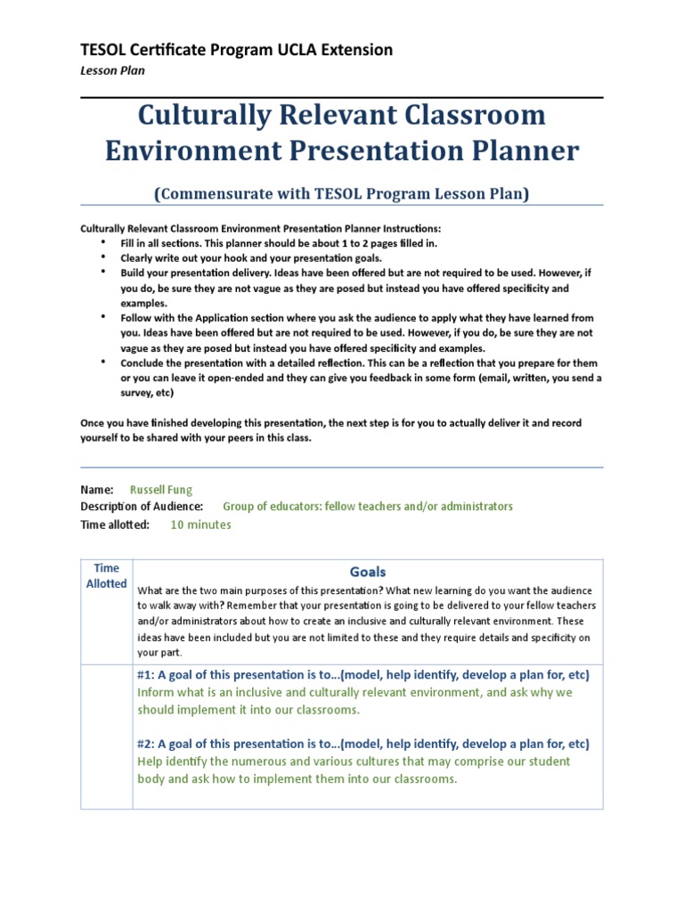 Tesol Lesson Plan Culturally Relevant Classroom Environment ...