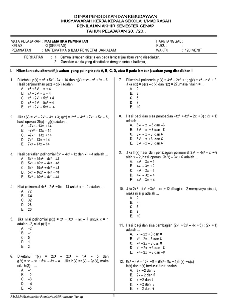 Soal PAT MTK Peminatan Kelas XI K13 | PDF