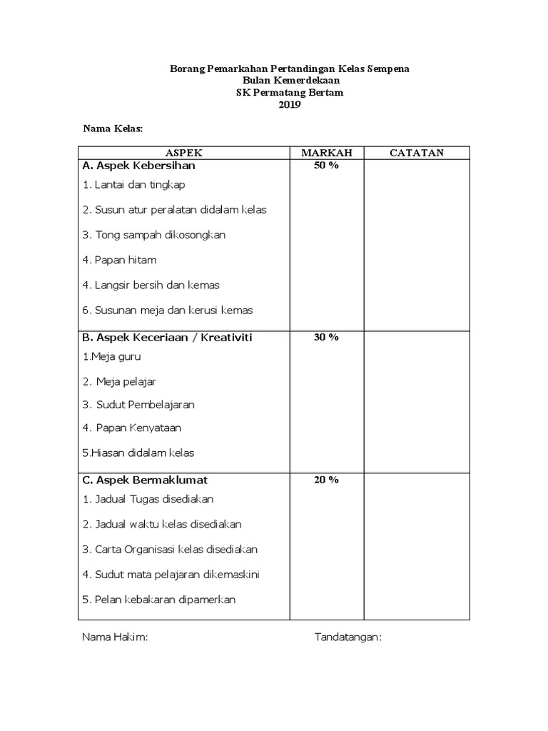 Borang Pemarkahan Pertandingan Kelas | PDF
