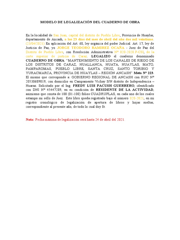 Modelo de Legalización Del Cuaderno de Obra - Ok | PDF