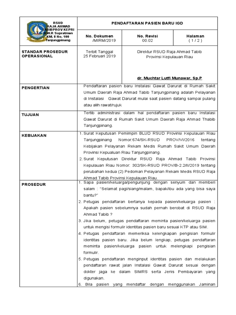 Sop Igd (Pendaftaran Pasien Baru Igd | PDF