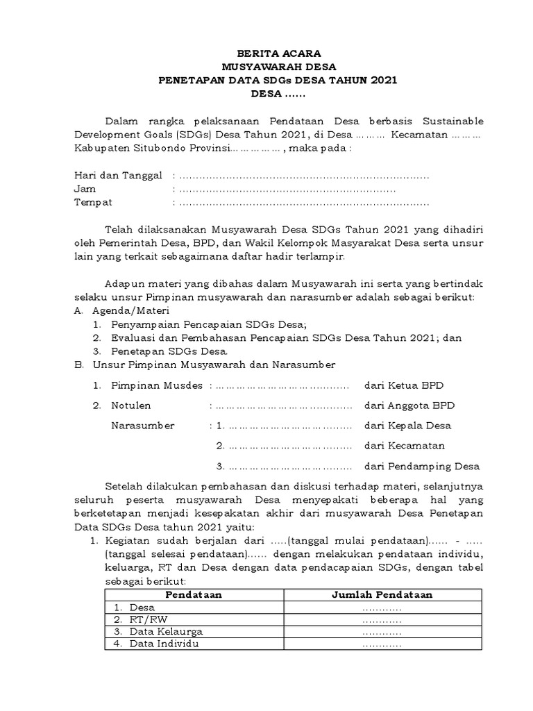 BA. Musdes Penetapan Data SDGs Desa 2021 | PDF