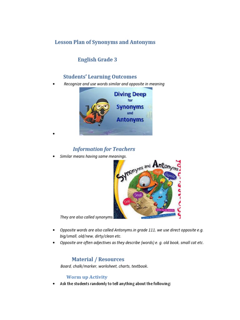 Lesson Plan of Synonyms and Antonyms | PDF | Lesson Plan | Cognition