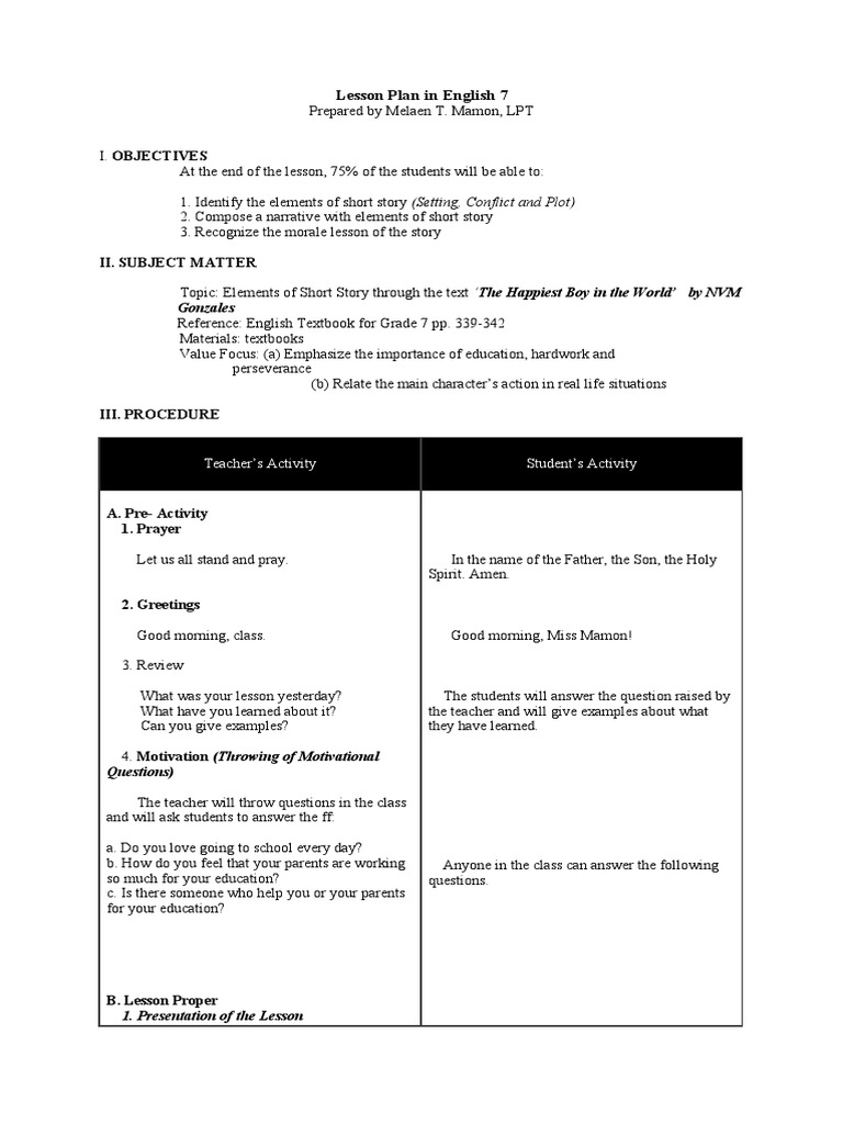 Grade 7 Short Story Lesson Plan | PDF | Plot (Narrative) | Lesson Plan