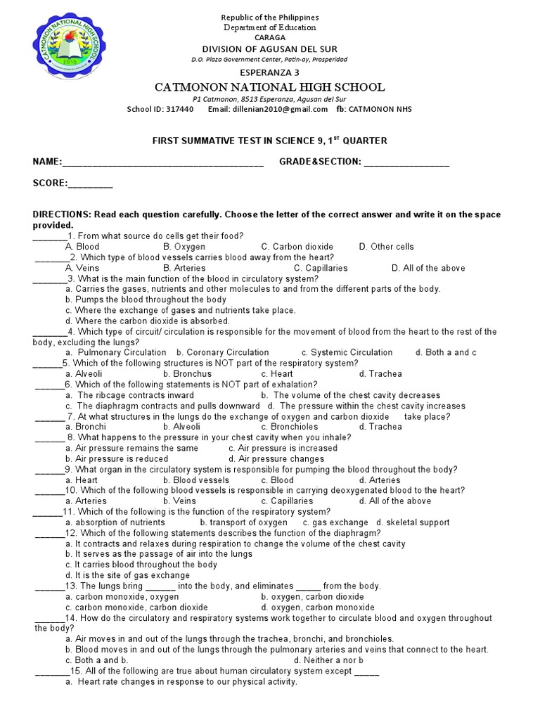 First Quarter Science Test for Grade 9 | PDF | Lung | Human Body
