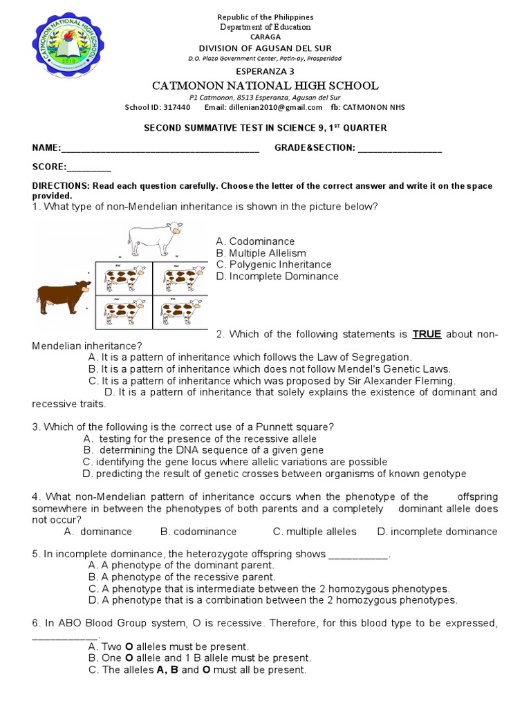 Science 9 Q1 Summative Test: Genetics | PDF | Dominance (Genetics) | Allele