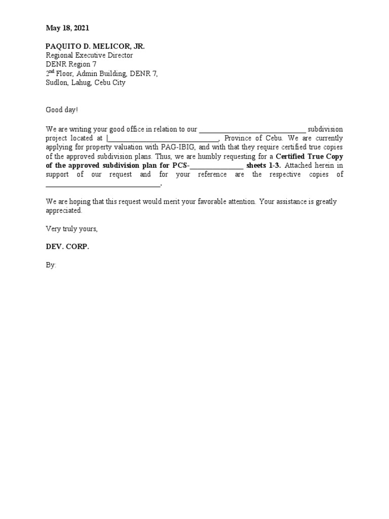 Letter Request DENR Plan Certification | PDF