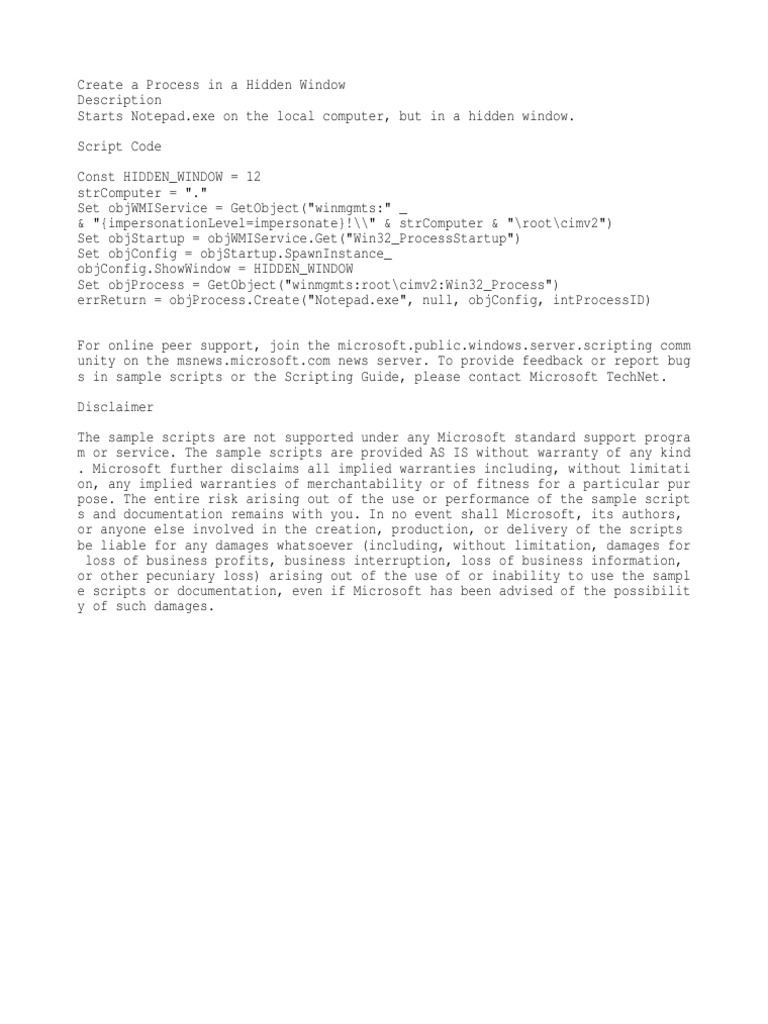 Create A Process in A Hidden Window Script | PDF