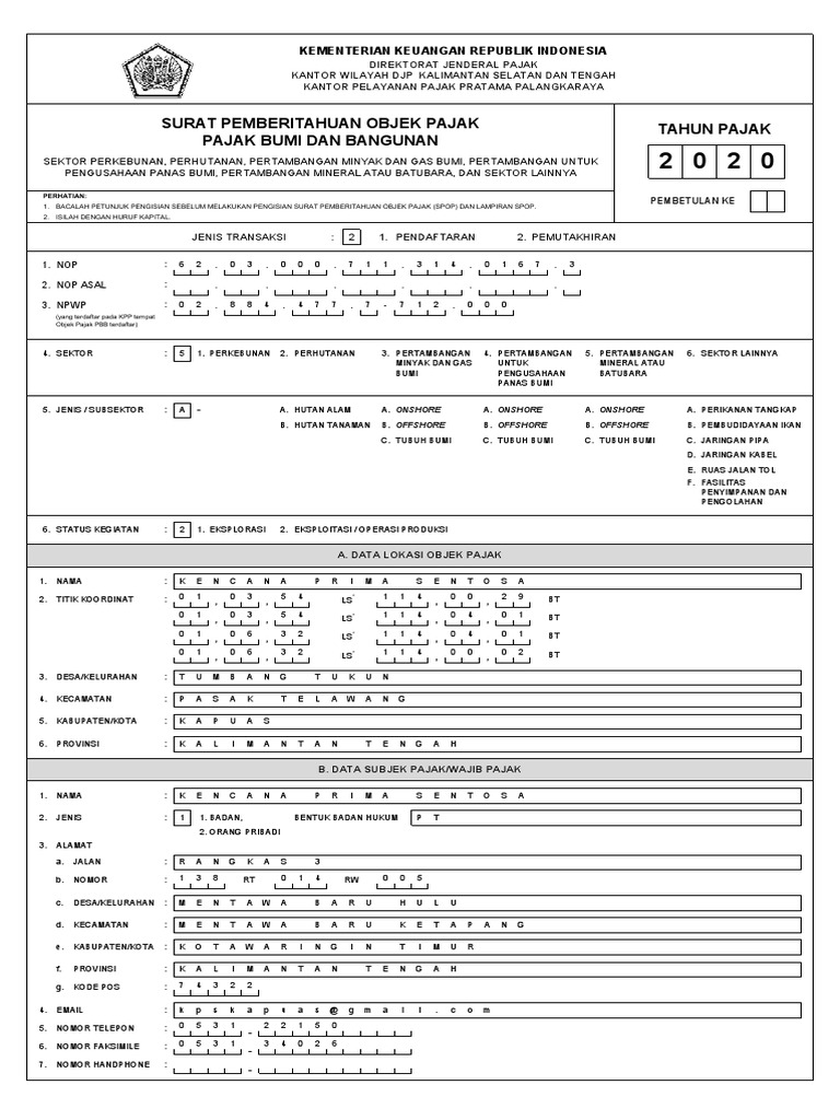 01.formulir SPOP PT - Kps 2020 Onshore | PDF
