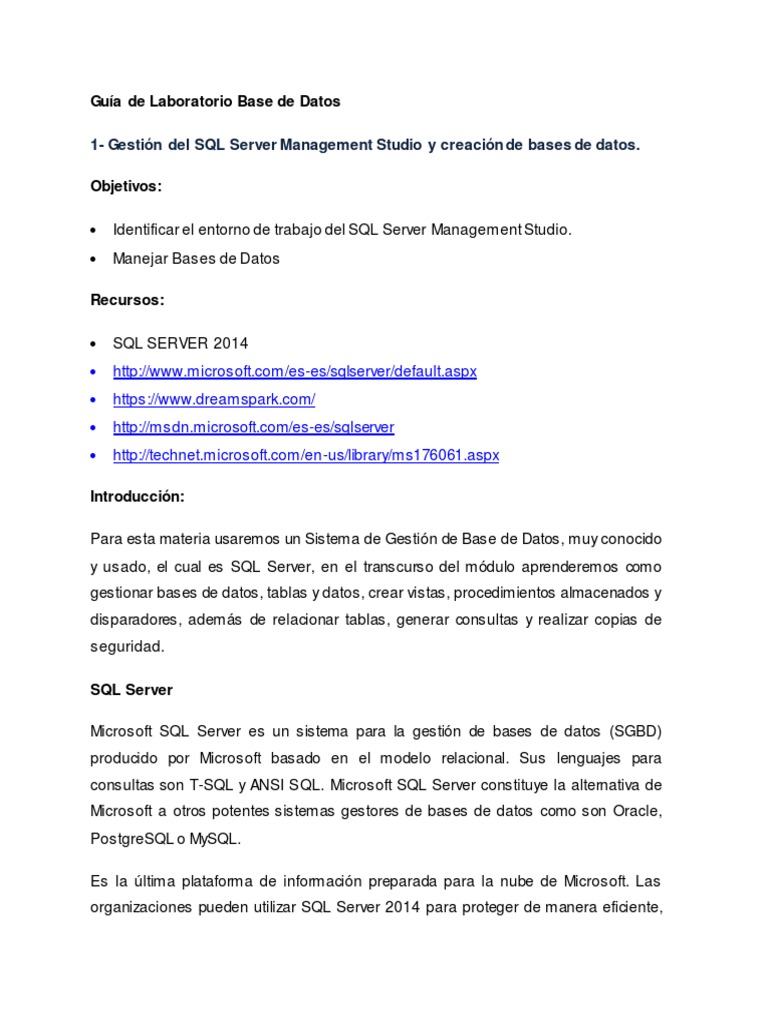 Lab-1 (Gestión Del SSMS y Creación de BD) | PDF | Servidor SQL de ...