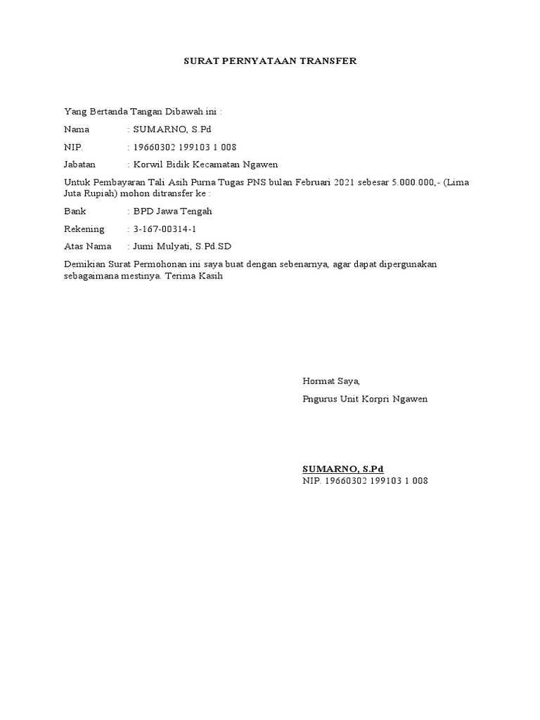 Surat Pernyataan Transfer | PDF