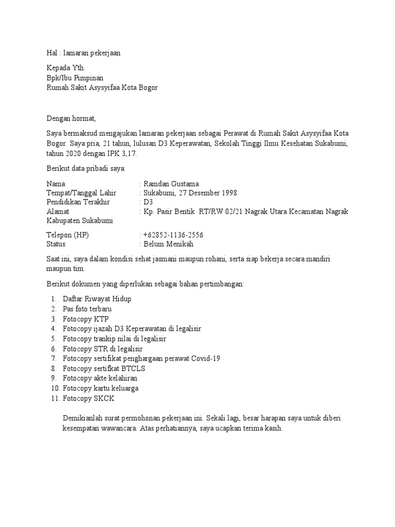 Surat Lamaran-Ramdan Gustama Rs Asysyifaa-1 | PDF