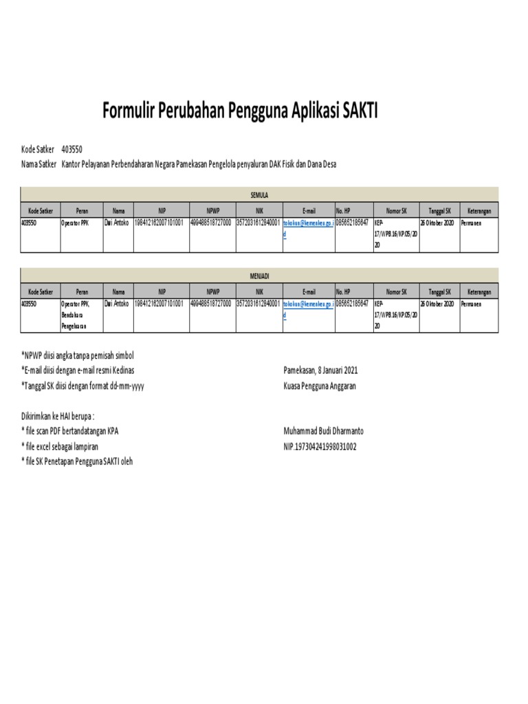 Form Perubahan User SAKTI Web | PDF