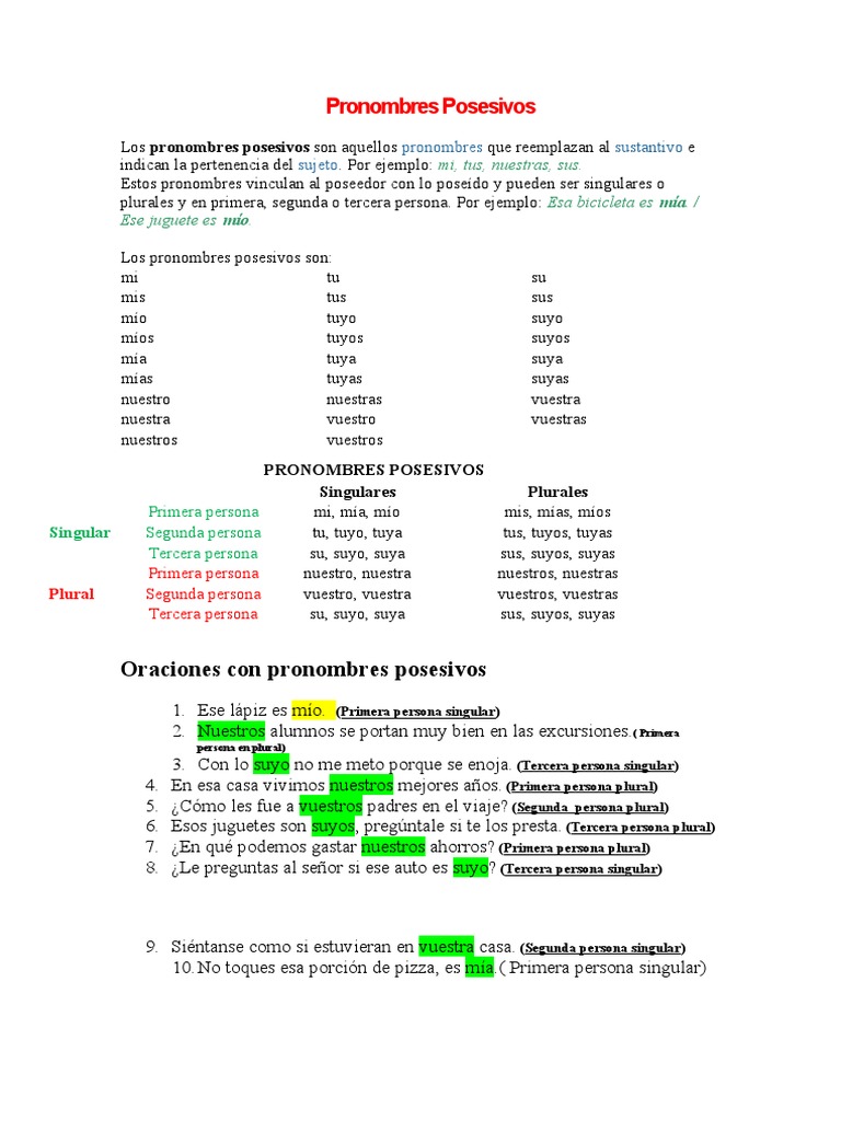 Ejemplos De Oraciones Con Pronombres Posesivos