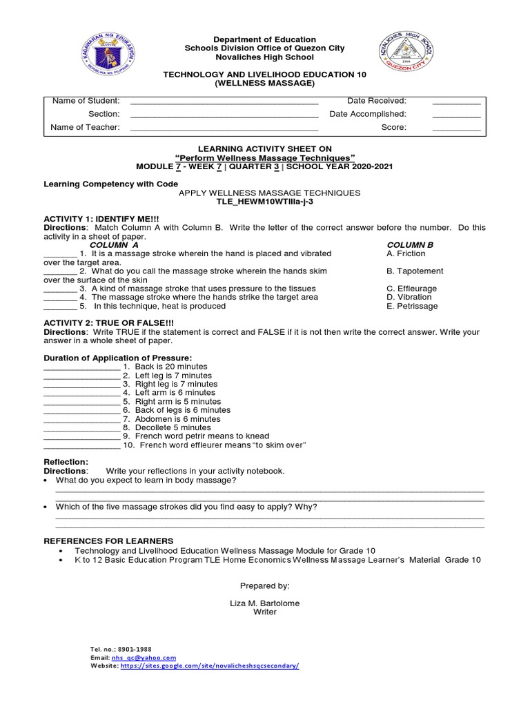 Tle 10 Wellness Massage Wk7 Las 3rd | PDF | Massage | Further Education