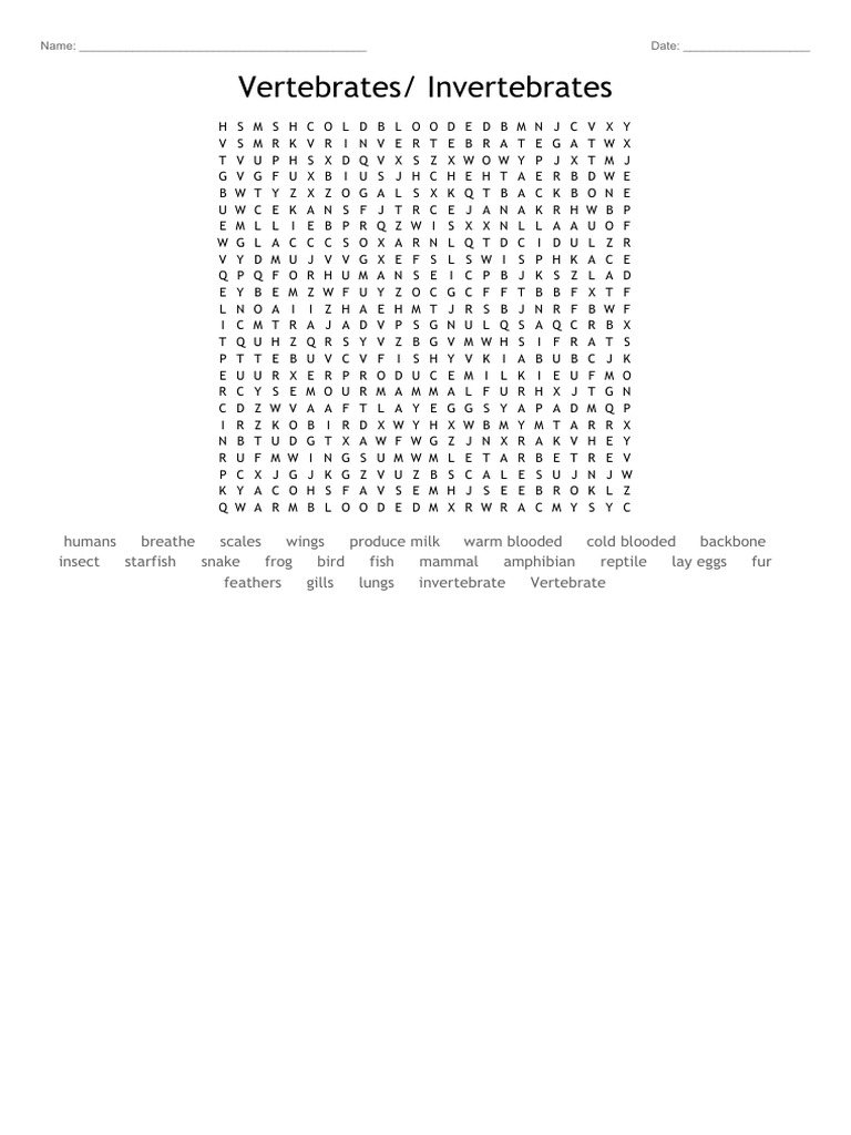 Vertebrates & Invertebrates Word Search | PDF | Fish | Zoology