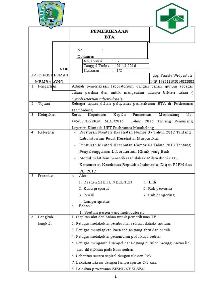 Sop Pemeriksaan Bta | PDF