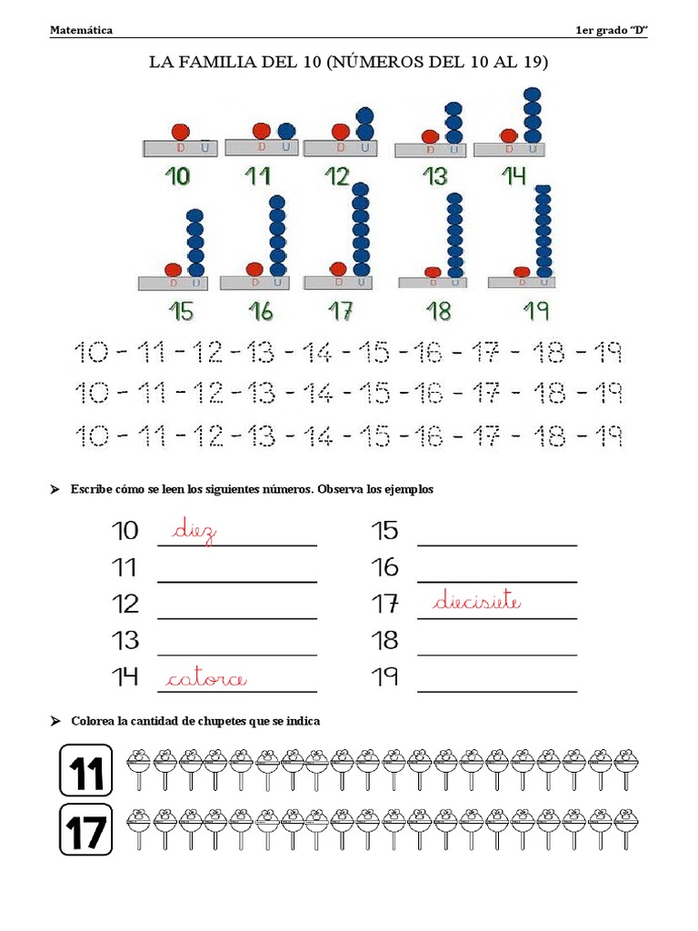 Números del 11 al 19 en 1er Grado | PDF