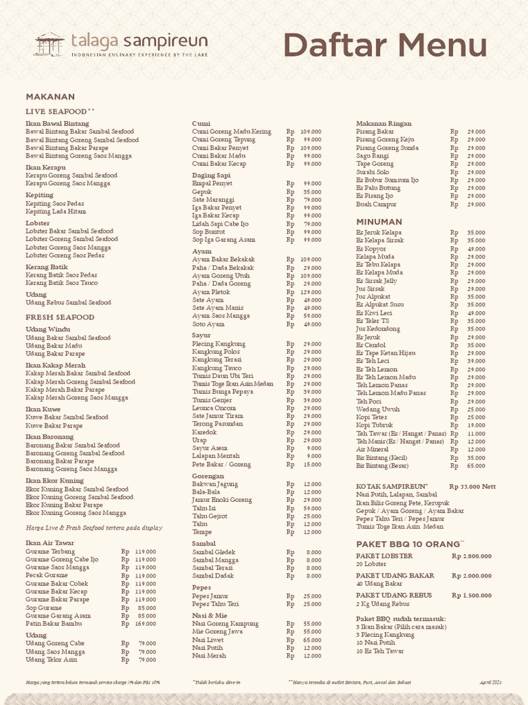 Menu dan Harga Talaga Sampireun | PDF | Memasak, Makanan, & Anggur