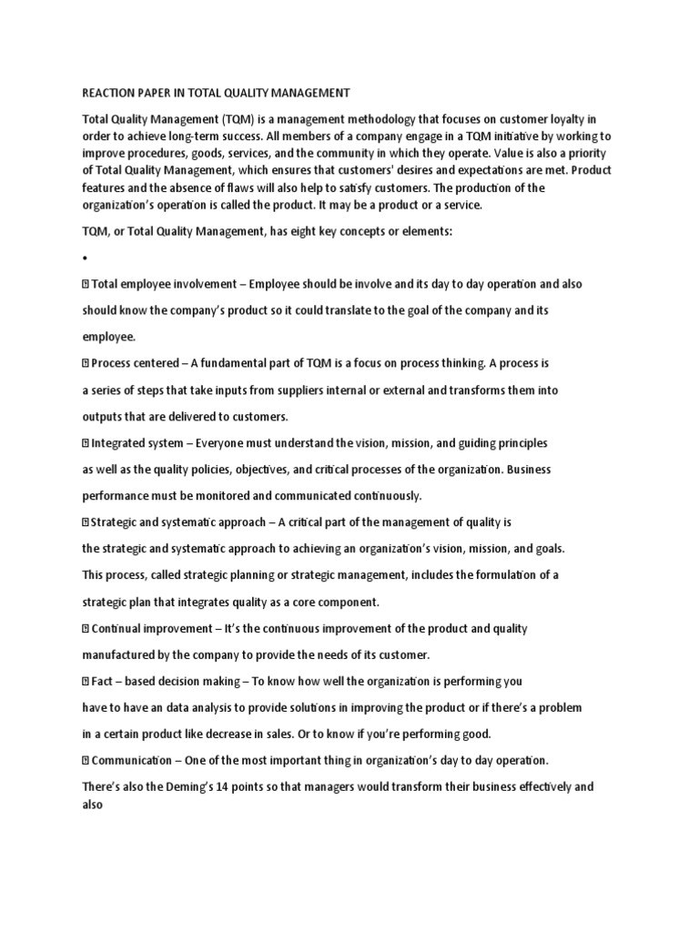 Total Quality Management Reaction Paper | PDF | Quality Management ...