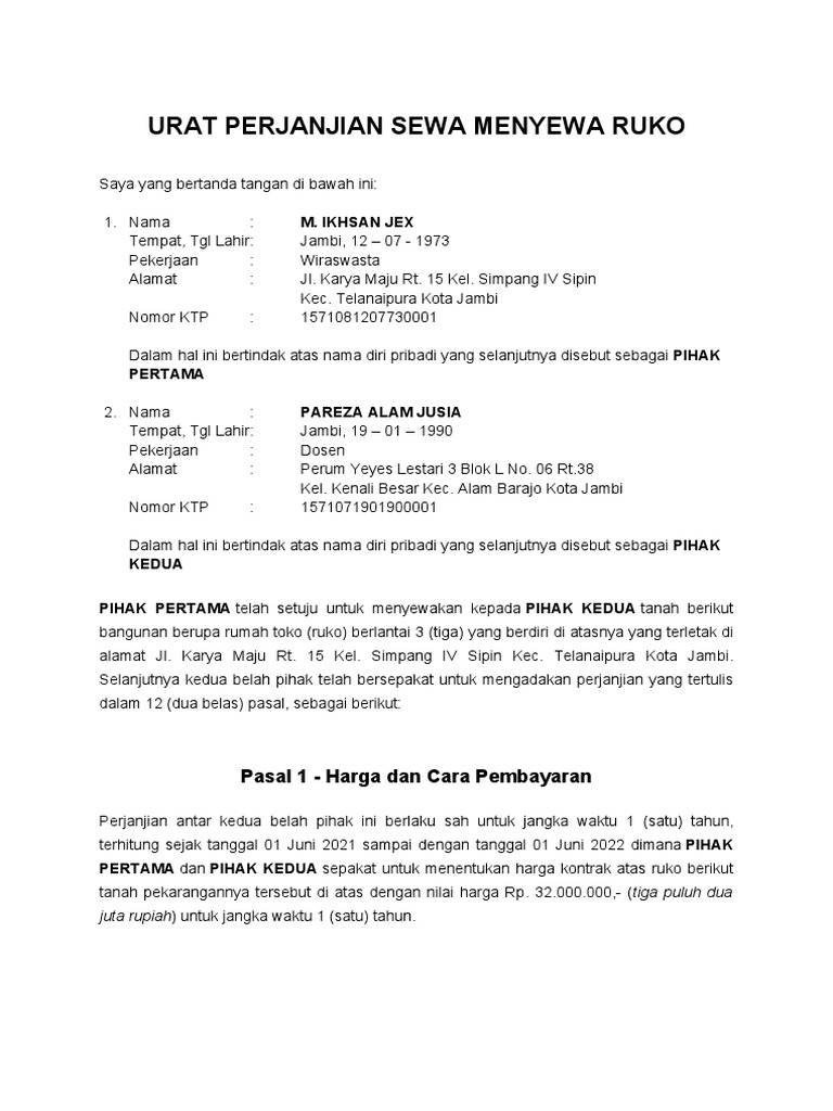 Surat Perjanjian Sewa Menyewa Ruko Pdf
