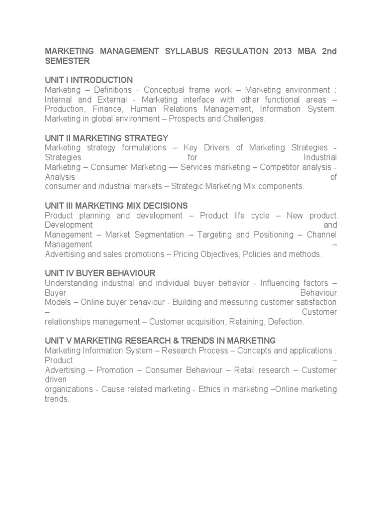Marketing Management Syllabus Regulation 2013 Mba 2Nd Semester Unit I ...
