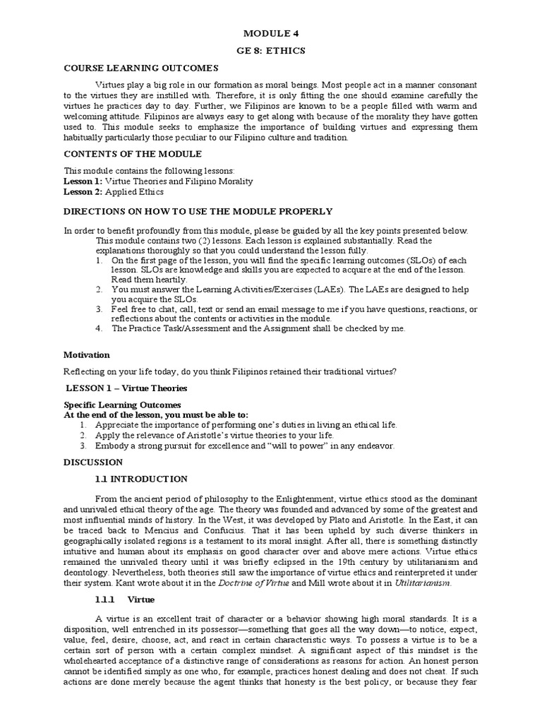 GE 8 Module 4 | PDF | Virtue Ethics | Utilitarianism