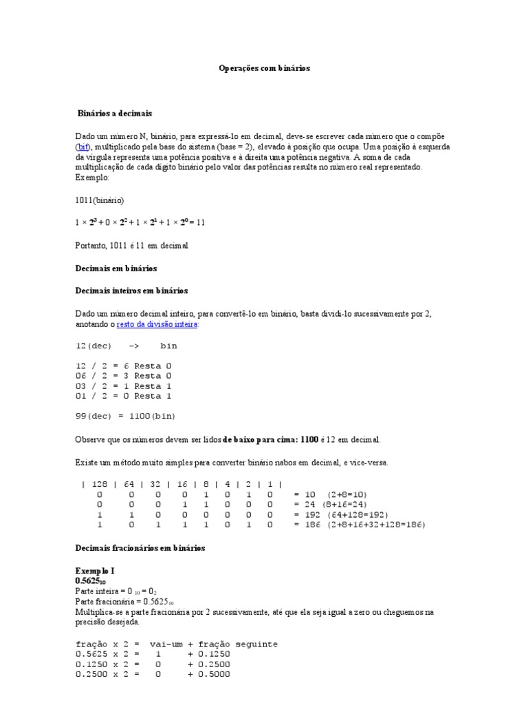 Operações Com Binários Pdf Codificação Binária Decimal Matemática