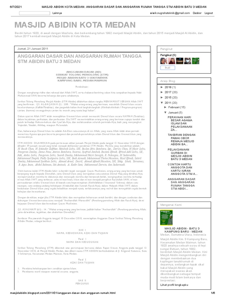 Masjid Abidin Kota Medan - Anggaran Dasar Dan Anggaran Rumah Tangga STM Abidin Batu 3 Medan | PDF