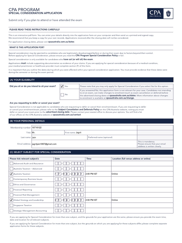 CPA Program Special Consideration Form | PDF | Test (Assessment ...