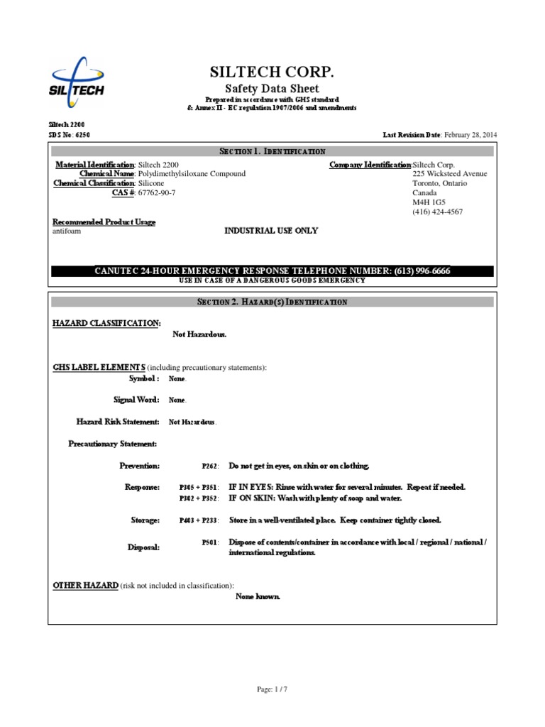Safety Data Sheet for Siltech 2200 Polydimethylsiloxane Compound | PDF ...